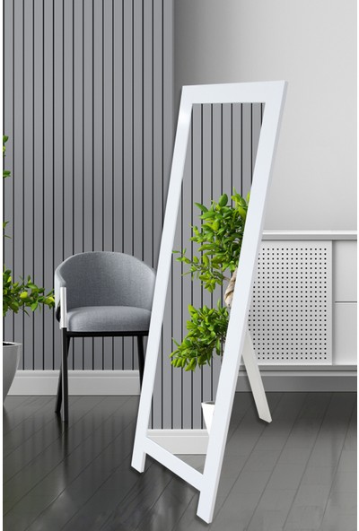 Ayaklı Beyaz Ahşap Boy Aynası (145 x 44 Cm)