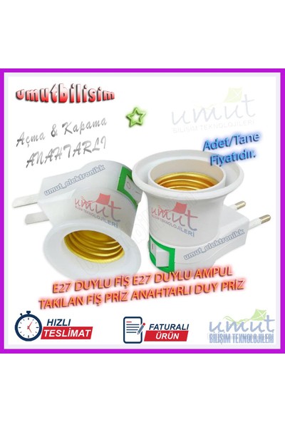 Elektronikucuz Açma Kapama Anahtarlı Duy - E27 Duylu Fiş E27 Duylu Ampul Takılabilen Fiş Priz Elektronikucuz Açma Kapama Anahtarlı Duy - E27 Duylu Fiş E27 Duylu Ampul Takılabilen Fiş Priz