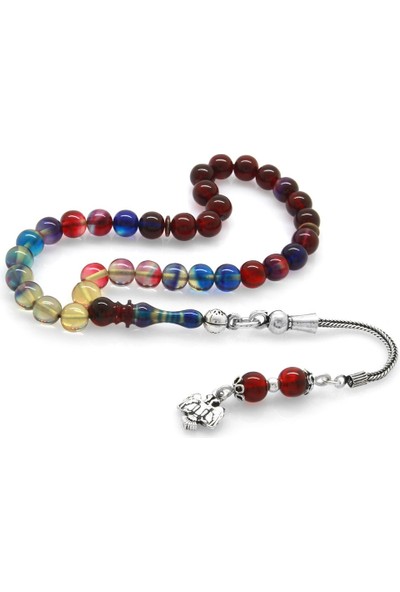 DAVİD BLACK 925 Ayar Gümüş Püsküllü Küre Kesim Bilek Boy Süzme Bonibon Ateş Kehribar Tesbih