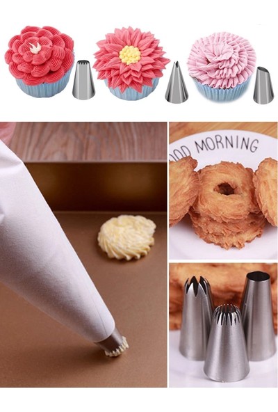 Qniay Qnykitchen 6 Parça Krema Sıkma Torbası Paslanmaz Çelik Uç Kek Süsleme Aparatı