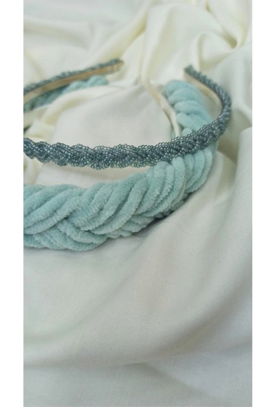 Meva Tasarım 2'li Takım Yeşil Kadife Örgü Taç + Boncuk Örgü Taç