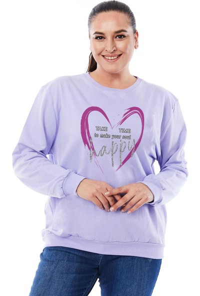 Siyezen Büyük Beden Kalp Baskılı Oversize Lila Sweatshirt Siyezen Büyük Beden Kalp Baskılı Oversize Lila Sweatshirt