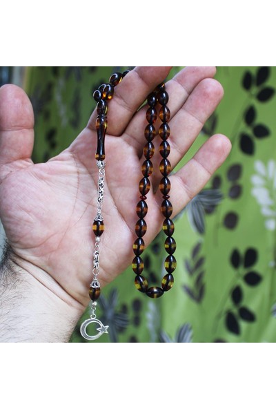 Tesbih Pasajı Kahverengi Tonda Püsküllü Sürmeli Toz Kehribar Tesbih