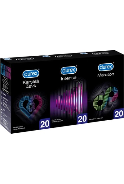 Durex Gece Paketi 60'lı Prezervatif (Durex Karşılıklı Zevk Geciktiricili ve Tırtıklı + Maraton Geciktiricili + Intense Uyarıcı ve Tırtıklı) Durex Gece Paketi 60'lı Prezervatif (Durex Karşılıklı Zevk Geciktiricili ve Tırtıklı + Maraton Geciktiricili + Intense Uyarıcı ve Tırtıklı)