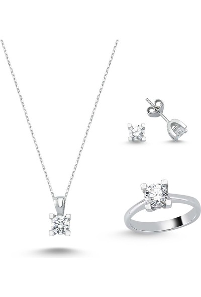Sophia Nora 925 Ayar Gümüş Swarovski Kare Tırnak Tek Taş Set - Standart - 18 Numara - YST6072-4829