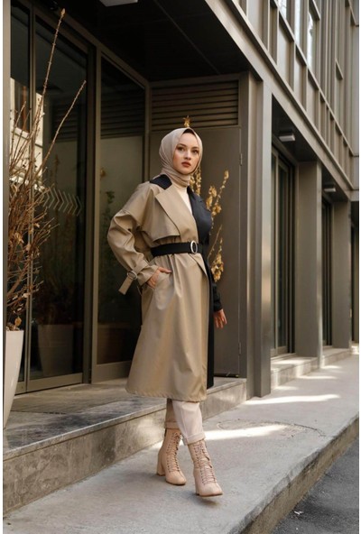 Moda Periy Su Geçirmez Garnili Çift Renkli Trençkot 10016 Siyah Moda Periy Su Geçirmez Garnili Çift Renkli Trençkot 10016 Siyah