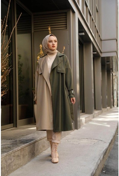 Moda Periy Su Geçirmez Garnili Çift Renkli Trençkot 10016 Haki Moda Periy Su Geçirmez Garnili Çift Renkli Trençkot 10016 Haki