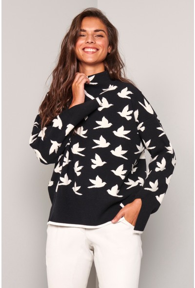 Join Us Kuş Desenli Dik Yaka Kazak