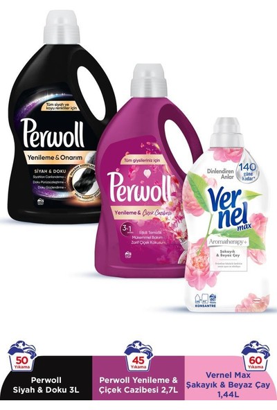 Perwoll Hassas Bakım Sıvı Çamaşır Deterjanı 2x3L (95 Yıkama) Siyah+Çiçek Cazibesi +Vernel Max 1440ml Şakayık Perwoll Hassas Bakım Sıvı Çamaşır Deterjanı 2x3L (95 Yıkama) Siyah+Çiçek Cazibesi +Vernel Max 1440ml Şakayık