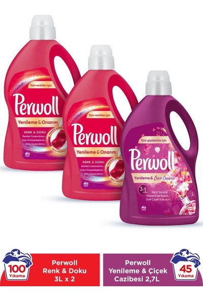 Perwoll Hassas Bakım Sıvı Çamaşır Deterjanı 3 x 3L (145 Yıkama) 2 Renkli + 1 Çiçek Cazibesi Yenileme Perwoll Hassas Bakım Sıvı Çamaşır Deterjanı 3 x 3L (145 Yıkama) 2 Renkli + 1 Çiçek Cazibesi Yenileme