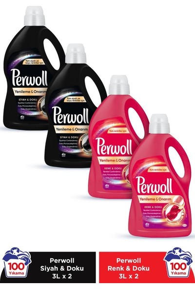 Perwoll Hassas Bakım Sıvı Çamaşır Deterjanı 4x3L (200 Yıkama) 2 Siyah+2 Renkli Giysiler için Yenileme&Onarım Perwoll Hassas Bakım Sıvı Çamaşır Deterjanı 4x3L (200 Yıkama) 2 Siyah+2 Renkli Giysiler için Yenileme&Onarım