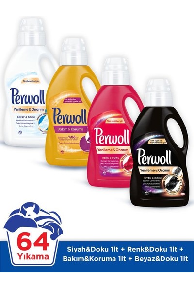 Perwoll Hassas Bakım Sıvı Çamaşır Deterjanı 4 x 1L (64 Yıkama) Siyah + Renkli + Bakım Onarım + Beyaz Perwoll Hassas Bakım Sıvı Çamaşır Deterjanı 4 x 1L (64 Yıkama) Siyah + Renkli + Bakım Onarım + Beyaz