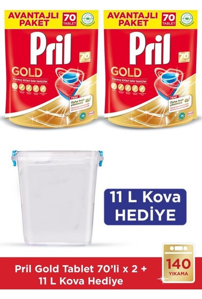 Pril Gold 140 Yıkama Bulaşık Makinesi Deterjanı (2 x 70'li Paket) + Kova Hediye Pril Gold 140 Yıkama Bulaşık Makinesi Deterjanı (2 x 70'li Paket) + Kova Hediye