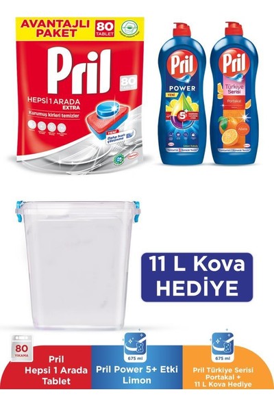 Pril Hepsi Bir Arada Extra 80 Yıkama Bulaşık Makinesi Deterjanı+ 675g Limon+675g Portakal+11L Kova Hediye Pril Hepsi Bir Arada Extra 80 Yıkama Bulaşık Makinesi Deterjanı+ 675g Limon+675g Portakal+11L Kova Hediye