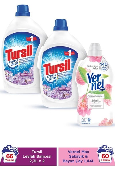 Tursil Sıvı Çamaşır Deterjanı 2x2310ml(66Yıkama)LeylakBahçesi+Vernel Max Yumuşatıcı 1440ml(60Yıkama)Şakayık Tursil Sıvı Çamaşır Deterjanı 2x2310ml(66Yıkama)LeylakBahçesi+Vernel Max Yumuşatıcı 1440ml(60Yıkama)Şakayık