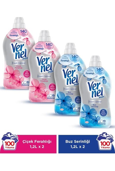 Vernel Max Konsantre Çamaşır Yumuşatıcısı 4 x 1200ml (200 Yıkama) Çiçek Ferahlığı + Buz Serinliği Vernel Max Konsantre Çamaşır Yumuşatıcısı 4 x 1200ml (200 Yıkama) Çiçek Ferahlığı + Buz Serinliği
