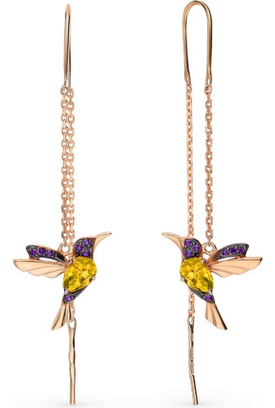 Papatya Silver 925 Ayar Gümüş Rose Kaplama Sarı Taşlı Sallantılı Kuş Küpe