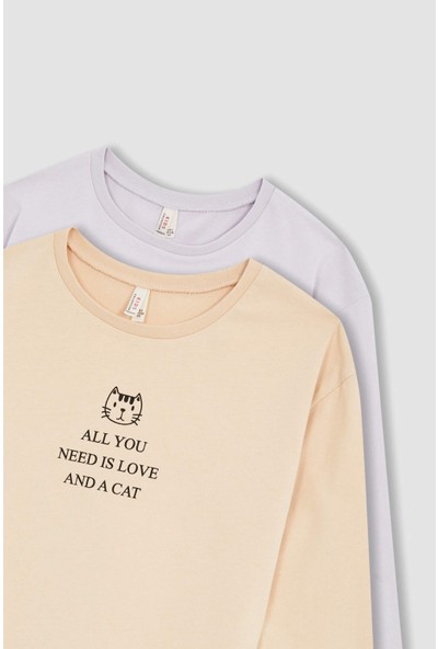 DeFacto Kız Çocuk Regular Fit  Bisiklet Yaka Baskılı 2'li Uzun Kollu Tişört W0425A621WN