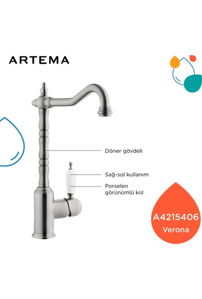 Artema Verona A4215406 Eviye Bataryası, Saten Krom Artema Verona A4215406 Eviye Bataryası, Saten Krom