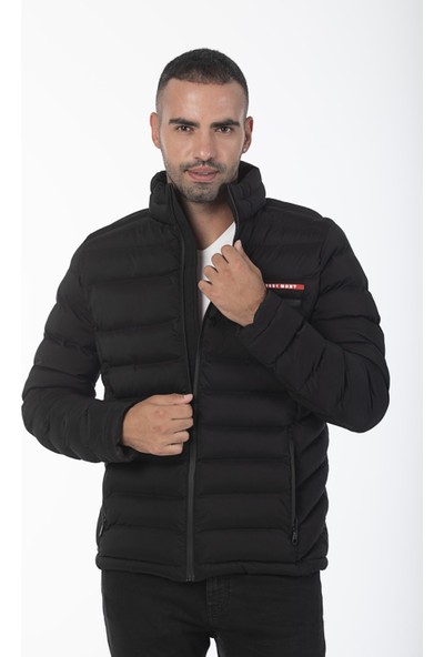 1001 Mont Erkek Siyah Kapüşonsuz Dolgulu Dik Yaka Ön Cepli Su Itici Şişme Mont 9569