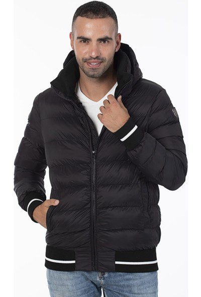1001 Mont Erkek Siyah Çıkarılabilir Kapüşonlu Dik Yaka Dolgulu Ribana Su Itici Şişme Mont 9595