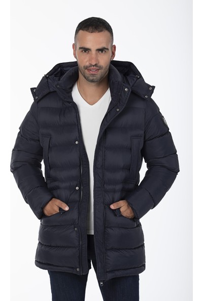 1001 Mont Erkek Lacivert Uzun Çıkarılabilir Kapüşonlu Dolgulu Su Itici Şişme Mont 9596