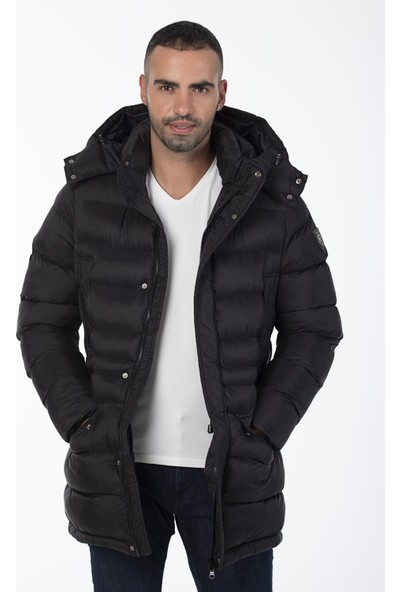1001 Mont Erkek Siyah Uzun Çıkarılabilir Kapüşonlu Dolgulu Su Itici Şişme Mont 9596