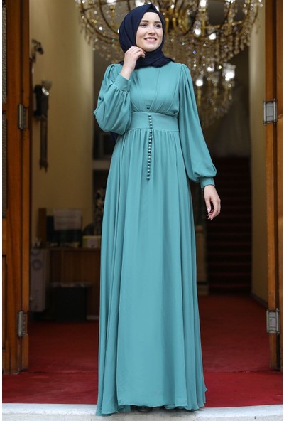 Amine Hüma Efsane Tesettür Abiye Çağla Yeşili Amine Hüma