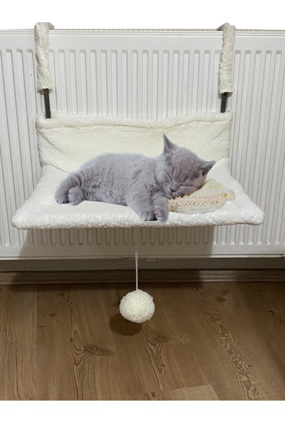 Kedi Radyatör Yatağı Kalorifer Üstü Askılı Peluş Kedi Hamak Kırık Beyaz