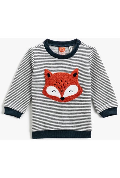 Koton Erkek Bebek Hayvan İşlemeli Çizgili Sweatshirt Bisiklet Yaka Pamuklu Koton Erkek Bebek Hayvan İşlemeli Çizgili Sweatshirt Bisiklet Yaka Pamuklu