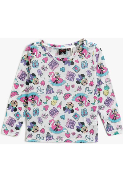 Koton Minnie Mouse Lisanslı Baskılı Tişört Uzun Kollu Bisiklet Yaka