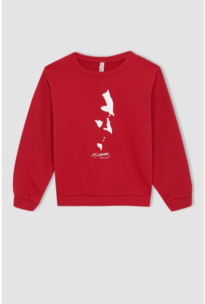 DeFacto Kız Çocuk Regular Fit 29 Ekim Atatürk Baskılı Bisiklet Yaka Sweatshirt W4494A621WN
