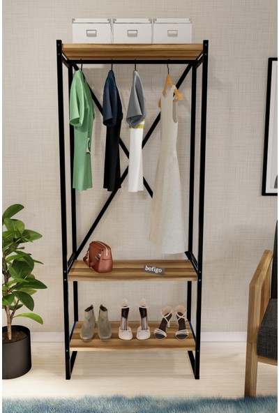 Bofigo Metal Portmanto Elbise Askılığı Vestiyer Ayakkabılık Ceviz