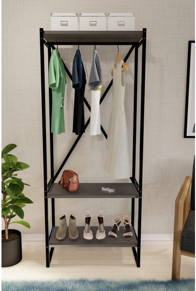 Bofigo Metal Portmanto Elbise Askılığı Vestiyer Ayakkabılık Antrasit
