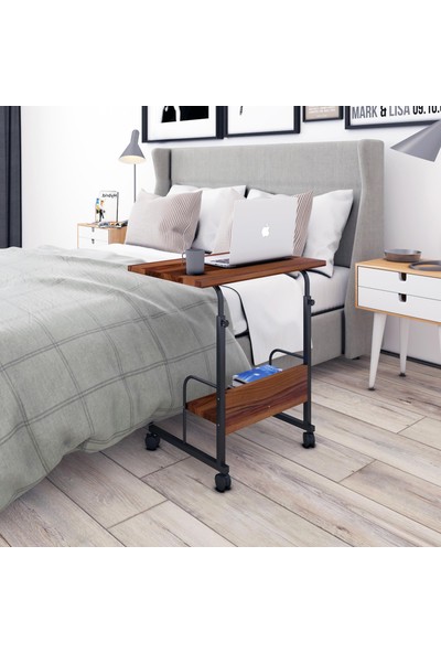 Dehalimited 60X40 Raflı Yükseklik Ayarlı Frenli Tekerlekli Çalışma Masası Laptop Sehpası