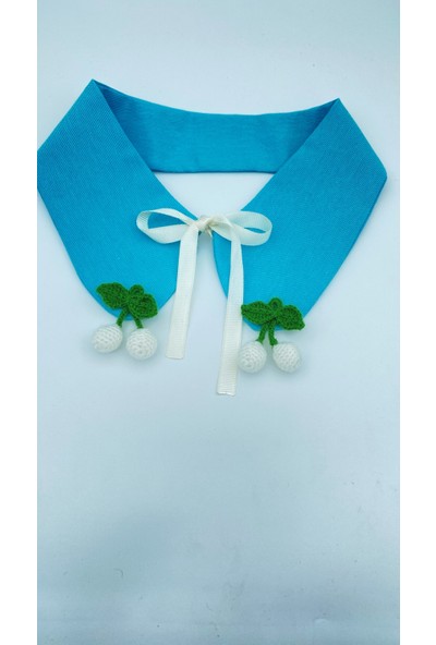 White Alamode Kiraz Motifli Mavi Keten Yakalık