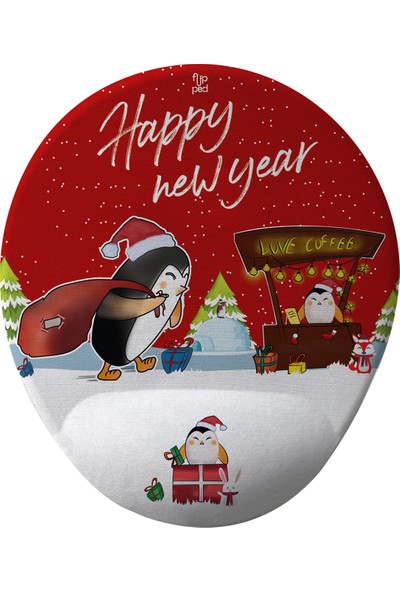 Flipped Yılbaşı Penguen Kırmızı Bilek Destekli Tasarım Mousepad