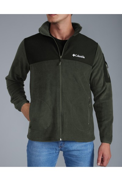 Columbia Haki Fermuarlı Beyaz Baskılı Erkek Polar