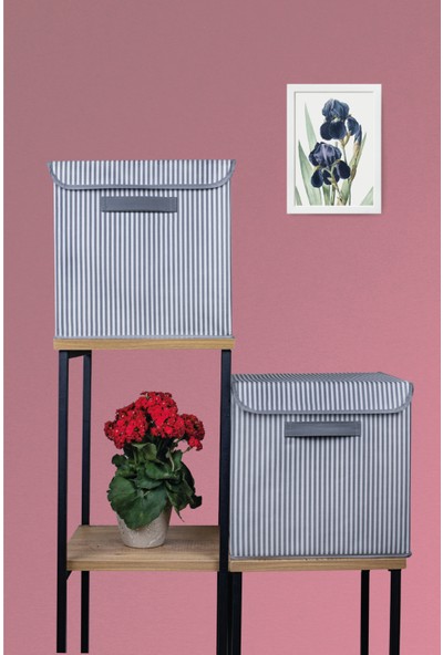 Rope Home Gri Çizgili Kapaklı Kutu 30X30X30