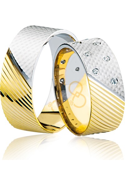 Harem Altın Sarı Beyaz Çizgili Altın Alyans 3003-1