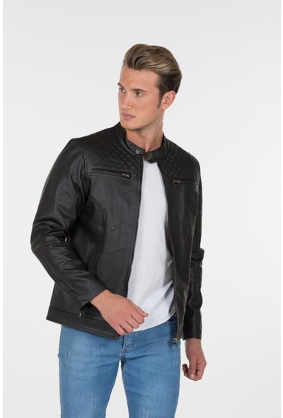 Tuçi Hakim Yaka Siyah Erkek Deri Ceket Deri Mont