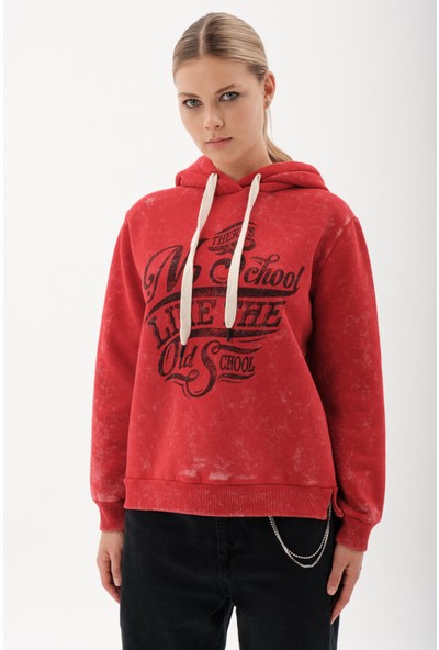 Flamenco Kadın Kırmızı Eskitme Görünümlü Baskılı Sweatshirt