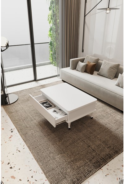 Kolex Nino Çekmeceli Akıllı Sehpa Tekerli Ayaklı Yemek Masası Çalışma Masası Beyaz Renk