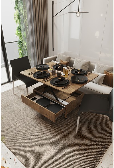 Kolex Nino Çekmeceli Akıllı Sehpa Tekerli Ayaklı Yemek Masası Çalışma Masası Çam Renk