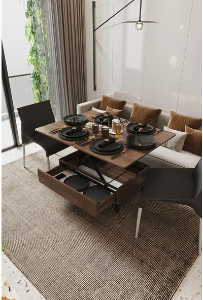 Kolex Nino Çekmeceli Akıllı Sehpa Tekerli Ayaklı Yemek Masası Çalışma Masası Ceviz Renk