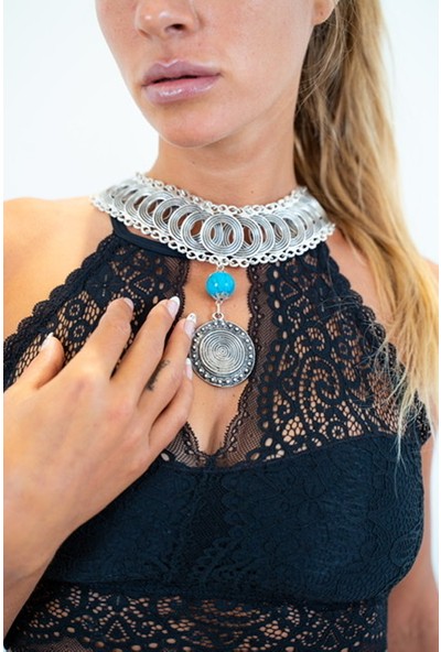 Kutcha Accessories Kadın Gümüş Kaplama Tasarım Mavi Taşlı Kolye