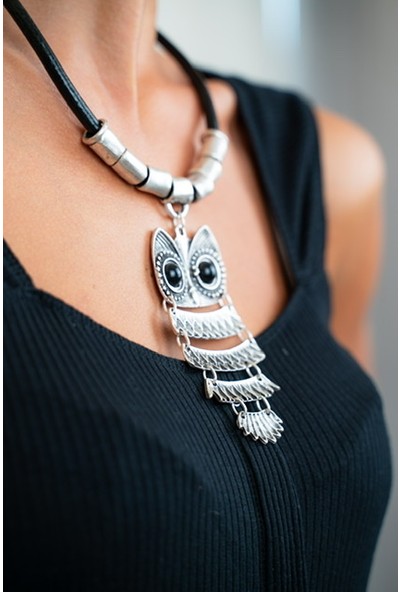 Kutcha Accessories Kadın Gümüş Kaplama Deri Baykuş Kolye Kutcha Accessories Kadın Gümüş Kaplama Deri Baykuş Kolye