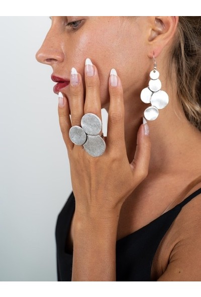 Kutcha Accessories Kadın Gümüş Kaplama Tasarım Yüzük Küpe Set