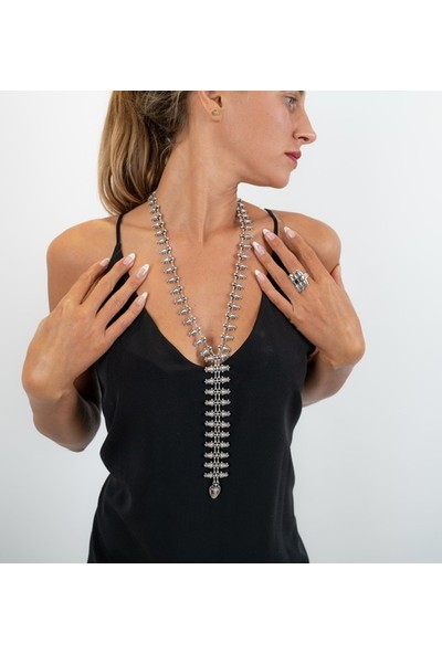 Kutcha Accessories Kadın Gümüş Kaplama Kolye Yüzük Set