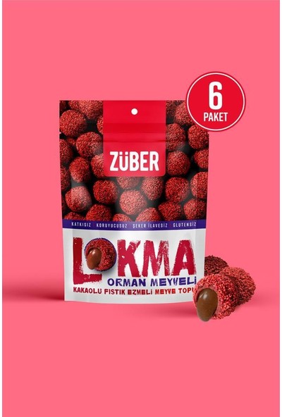Züber Lokma Orman Meyveli Kakaolu Fıstık Ezmeli Meyve Topu 96 gr x 6 Paket Züber Lokma Orman Meyveli Kakaolu Fıstık Ezmeli Meyve Topu 96 gr x 6 Paket